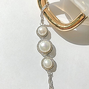 Red Lychee Freshwater Cultured Pearl Bracelet for Women Wedding Platinum Plated Sterling Silver Pearl Bracelets Genuine White Pearls Simulated Diamond Bracelet Link 7”+2"