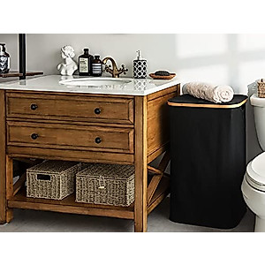 StorageWorks Large Laundry Hamper with Lid, 100L Tall Laundry Basket with Bamboo Handles and 2 Removable Inner Bag, Collapsible Laundry Hamper for Clothing, Toys, Towels, Black, 1-Pack