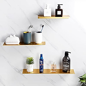 LAIGOO 3 Set Gold Floating Shelves, Makeup Organizer Wall Mounted Bathroom Wall Shelves Countertop Organizer, Picture Display Ledge Shelf, Space Aluminum, Shower Shelves (11.81+15.75+19.68 Inch)