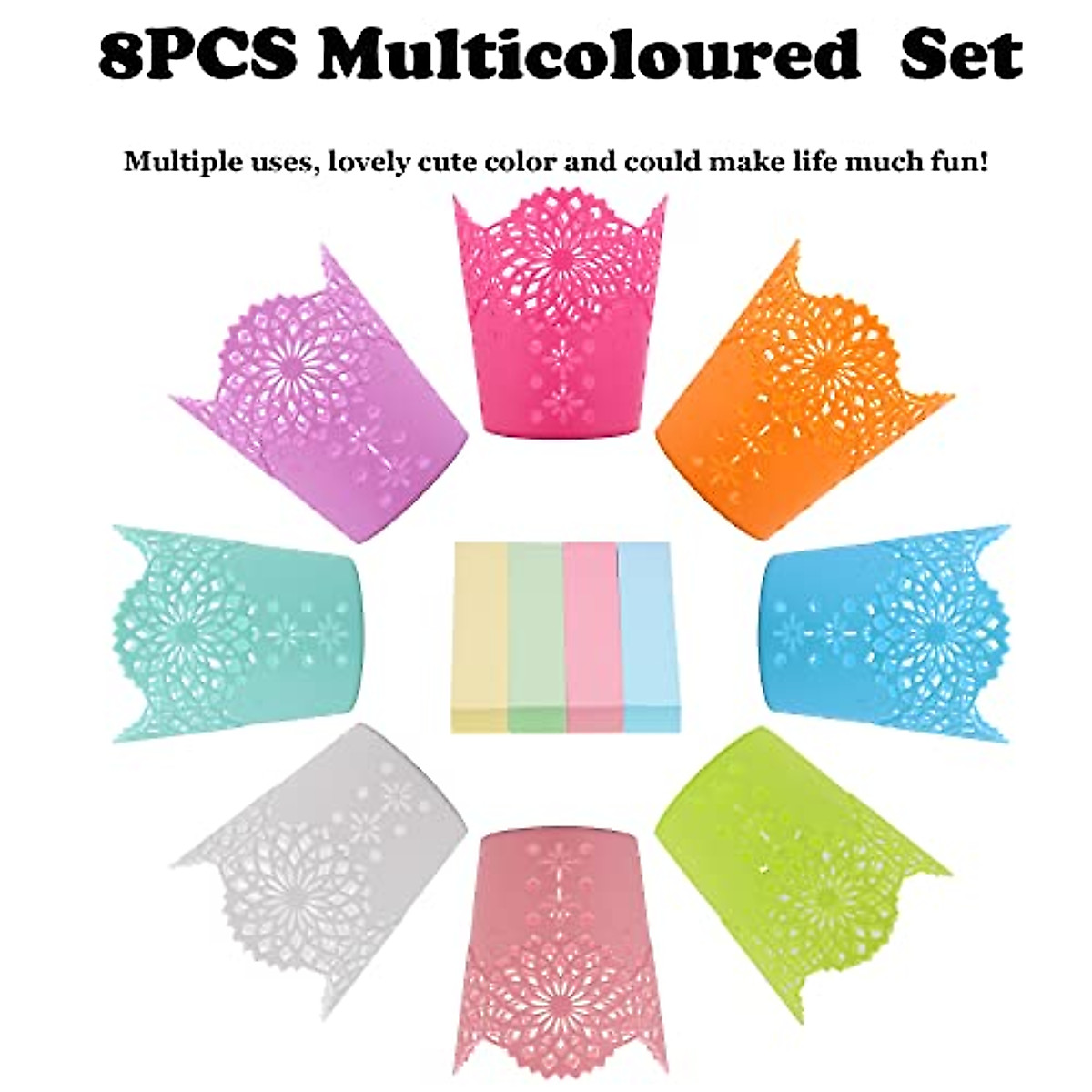 AOKIVIGOA 8pcs Set Pencil Holder Cup Lovely Cute Plastic Hollow Flower Pencil Pots for Office School and Home Pen Ruler Stationery Makeup Brush Storage Organizer with Sticky Notes (Multicoloured)