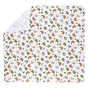 Friendly Forest Deluxe Flannel Swaddle Blanket - Forest Animals Scatter Print Cotton Flannel, Orange, Green, Tan, Gray and White, 48 in x 48 in