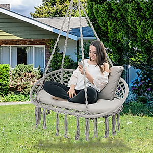 Giantex 2-Seat Hammock Chair, Macrame Swing with Cushion, Hanging Cotton Ropes, Metal Frame, Hanging Chair with330 lbs Capacity for Hammock Stand, Living Room, Patio, Balcony, Backyard (Gray)