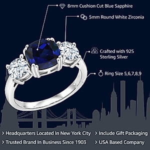 Gem Stone King 925 Sterling Silver Blue Simulated Sapphire and White Zirconia 3 Stone Engagement Ring For Women (4.00 Cttw, Gemstone September Birthstone, Cushion 8MM, Size 7)