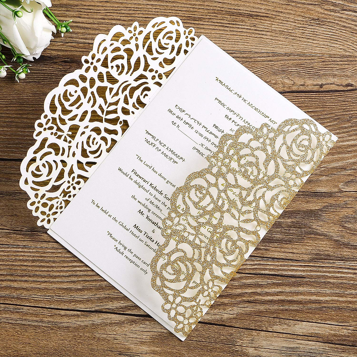 ponatia 25PCS Hollow Rose Laser Cut Wedding Invitations Cards with Envelopes, Printable Paper with Burgundy Ribbons For Wedding Bridal Shower Engagement Sweet 16 Birthday Invite (Gold Glitter)
