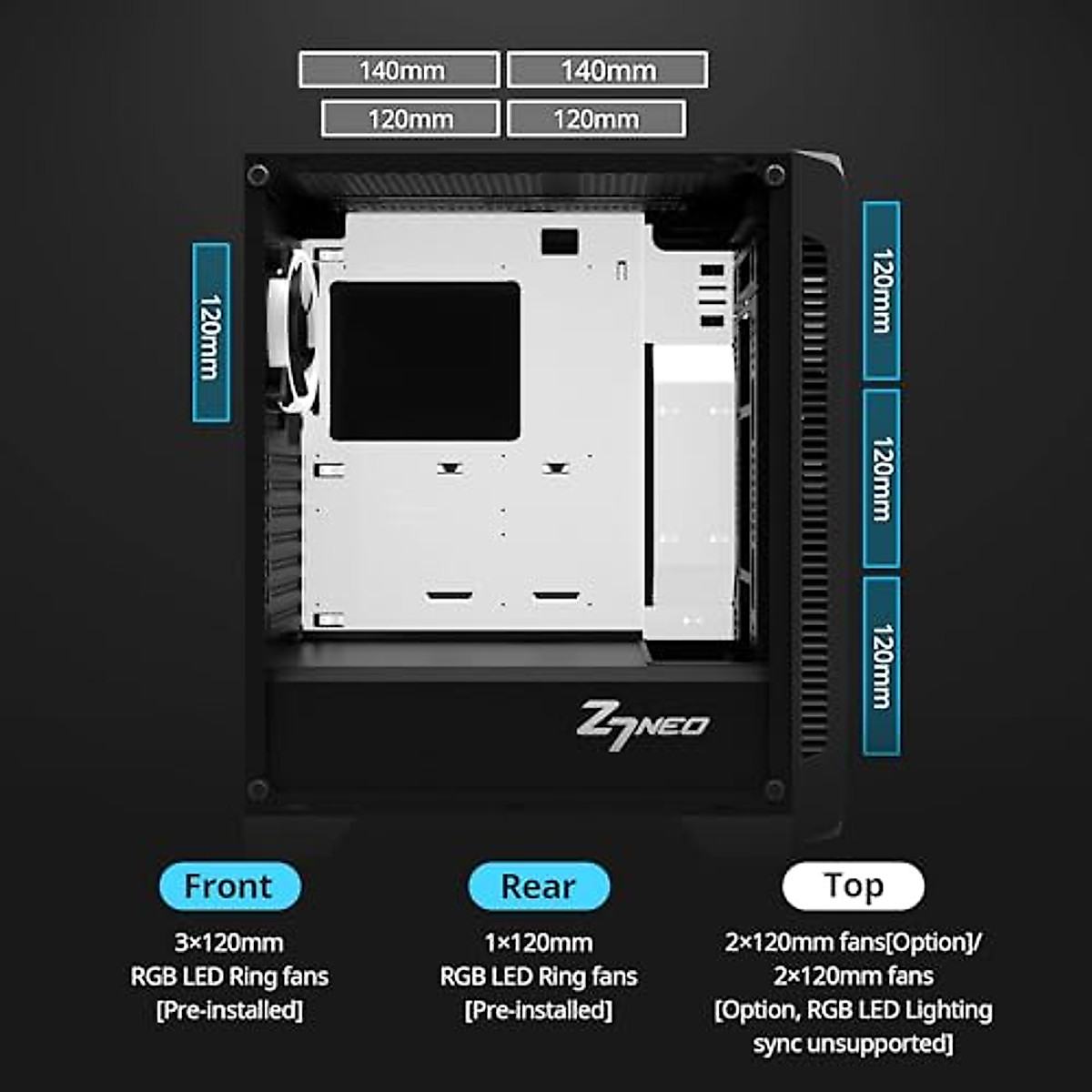 Zalman Z7 NEO ATX Mid-Tower Gaming PC Case, Tempered Glass Side Panel, 4X Pre-Installed 120mm RGB LED Ring Fans, High-End PC Cabinet