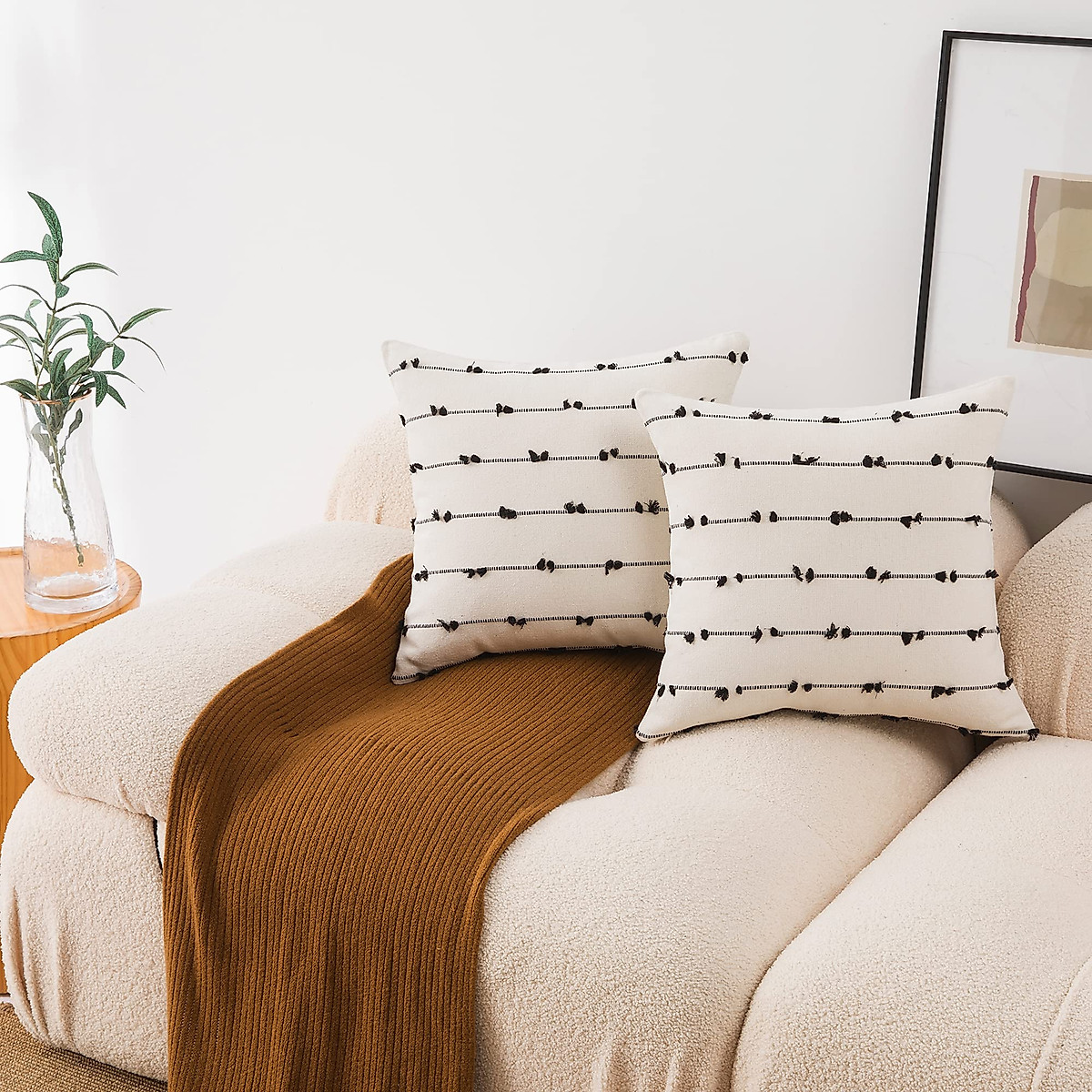 NiNi ALL Decorative Throw Pillow Covers Pack of 2 Boho Linen Throw Pillow Cases for Couch Modern Farmhouse 18x18 Inches Black Pillows Cover Bedroom Living Room Outdoor