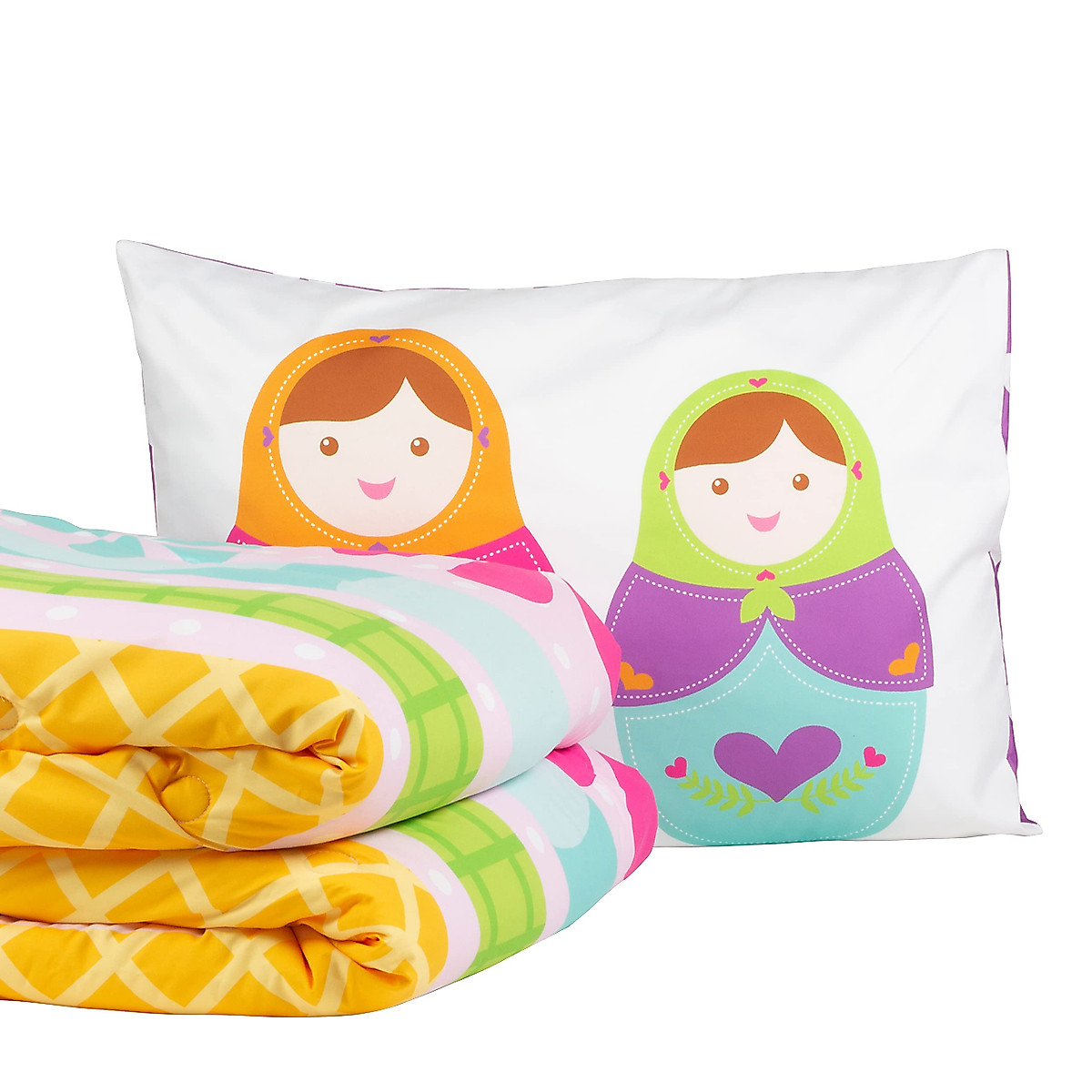 CLAUVINCK Truly Reversible & Ultra Soft Microfiber 2-Piece Room-in-a-Bag Toddler and Kids' Comforter Bedding Set for Girls, Nesting Dolls - Twin XL