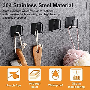 Morobor Stainless Steel Self-Adhesive Hanging Hook, 4pcs Heavy Duty Wall Robe Hooks Towel Double Wire Hooks for Hanging Coat, Robe, Towels, Hats in Bathroom,Kitchen,Shower(Black)