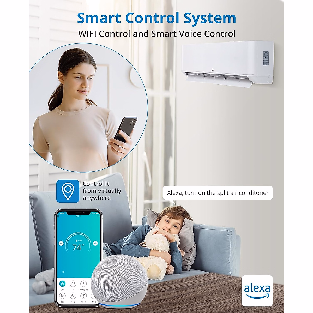 9000 BTU Mini Split Air Conditioner, 23 SEER2 Mini Split AC/Heating System, Inverter Ductless Air Conditioner w/WiFi,Pre-Charged & 16.4ft Installation Kits, 115V AC Unit Cools Room up to 450 Sq. Ft