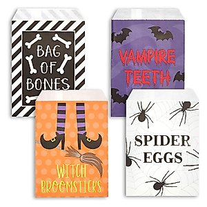 BLUE PANDA 100 Pack Halloween Paper Bags, Small Paper Halloween Treat Bags, Bulk Goody Bags for Candy, and Favors, 4 Designs, Vampire Teeth, Witch Broomsticks, Bag of Bones, Spider Eggs (8 x 5 In)