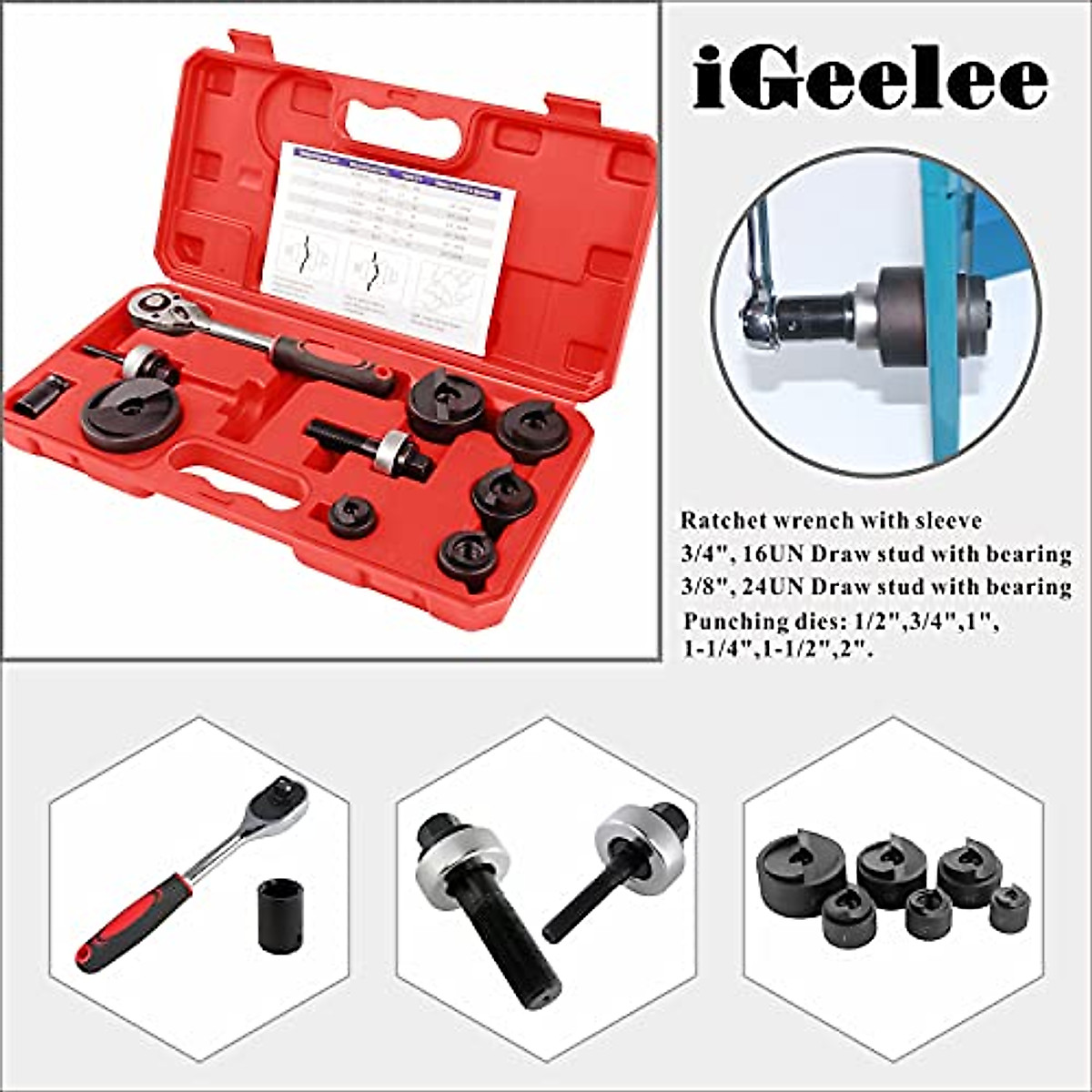 iGeelee Ratchet Knockout Hole Punch Driver Kits 1/2 to 2 inch SLUG-Buster Knockout Electrical Conduit Hole Cutter Sets KO Tool Kit (CC-60)