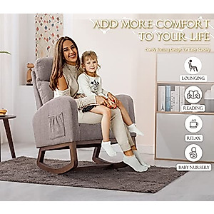 KINFFICT Comfy Rocking Chair, Upholstered Accent Glider Rocker for Baby Nursery or Relaxation, Living Room Armchair with High Back and Headrest, Modern Rocking Glider with Side Pocket, Grey