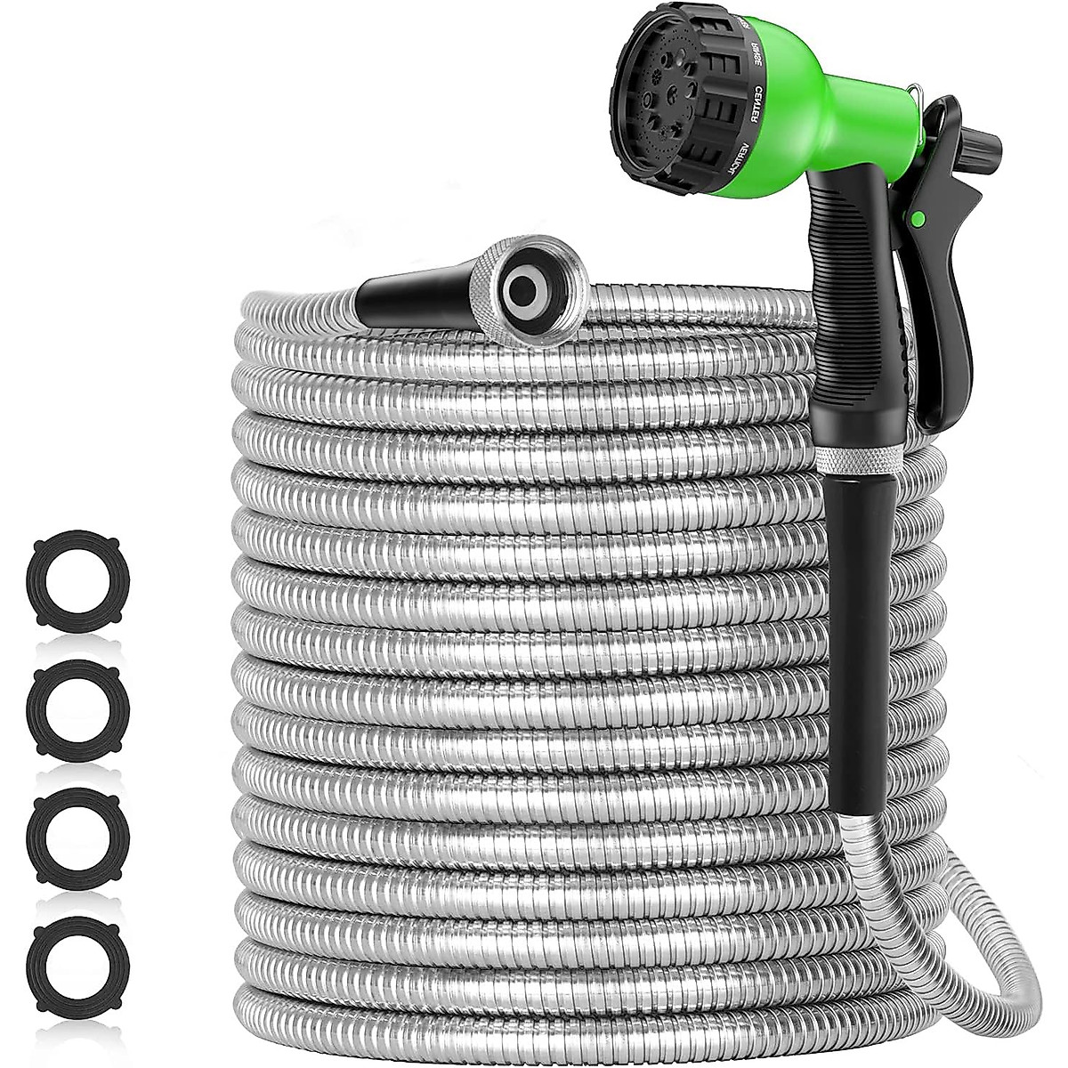 SPECILITE 100ft 304 Stainless Steel Garden Hose Metal, Heavy Duty Water Hoses with Nozzles for Yard, Outdoor - Flexible, Never Kink & Tangle, Puncture Resistant (Sliver)