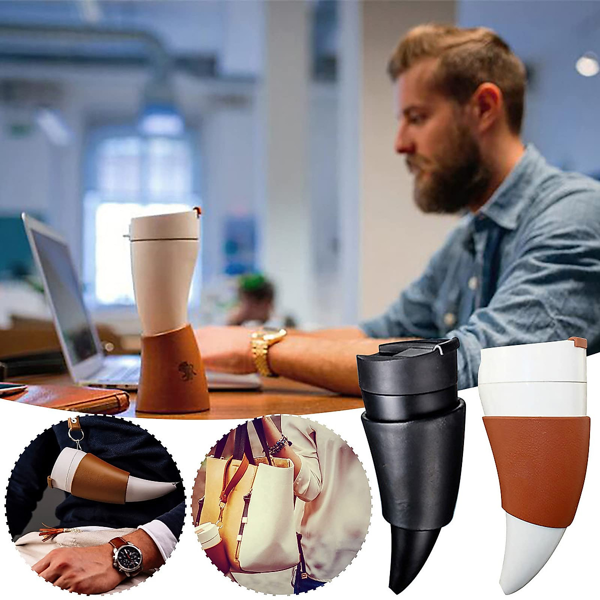 Goat Horns Coffee Mug, Creative Horn Coffee Cup 230ml Stainless Steel Vacuum Cup Mug For Tea Coffee, Leak-proof Travel Bottles Coffee Cups With Rope (white)