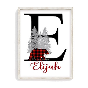 Personalized Woodland Bear Buffalo Plaid Baby Boy Nursery Decor Unframed Print - Baby Name Letter Initial Monogram