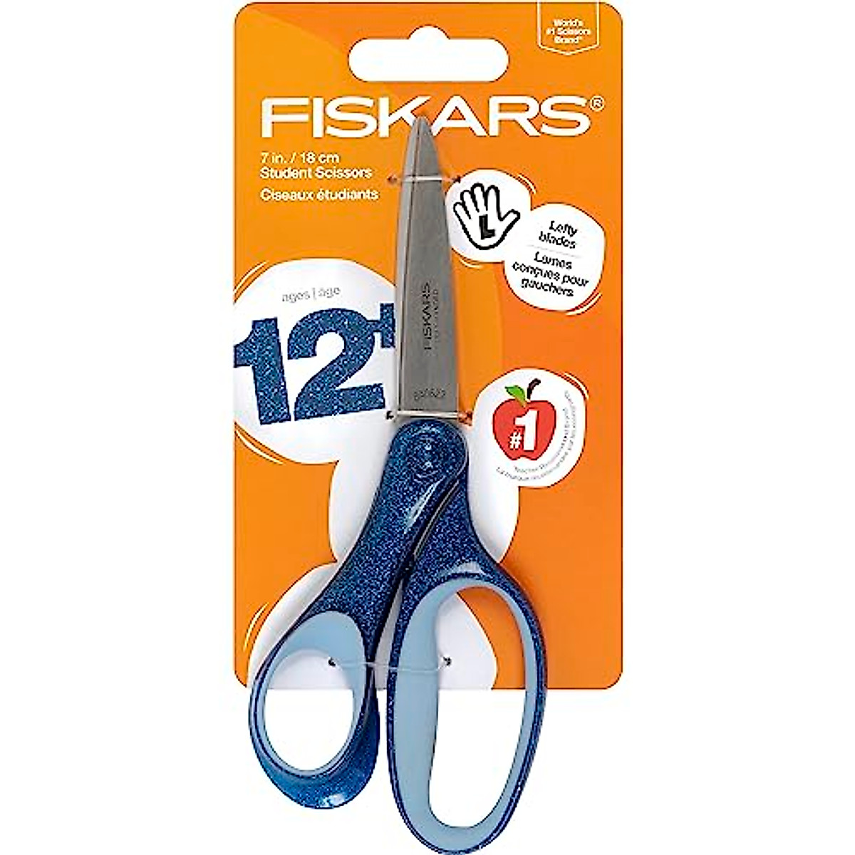 Fiskars 7" SoftGrip Left-Handed Student Glitter Scissors for Kids 12+ - Left-Handed Scissors for School or Crafting - Back to School Supplies - Blue