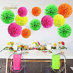 NICROLANDEE Blacklight Party Decorations - 12 PCS Fluorescent Neon Tissue Paper Pom Poms for Birthday, Wedding, Baby Shower, Glow-in-The-Dark Party, Neon Party, Prom Dance Party Photography
