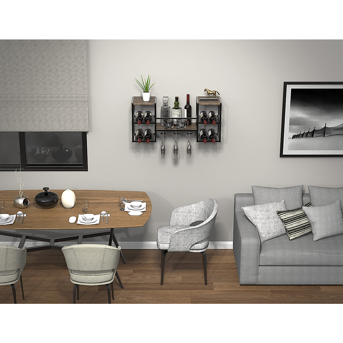 MOOMLIFE Wine Rack Wall Mounted with 3 Stem Glass Holders, Holds 12 Bottles Wine, Liquor Bottle Display Shelf, Elegant Storage for Kitchen, Dining Room