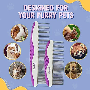 Poodle Pet Dog Combs for Grooming | 2 Pack | Stainless Steel Teeth Easily Remove Dirt | Proper Care Prevents Knots and Mats for Long and Short Haired Pets |Anti-Slip Comfort Grip Handle| Purple