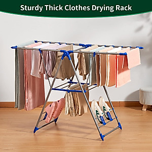 BKTD Clothes Drying Rack, 2 Tier Stainless Steel Laundry Drying Rack with Sock Clips, Foldable Free Standing Drying Rack Clothing with Height Adjusted Wings, Space Saving Indoor Outdoor, Silver Blue.