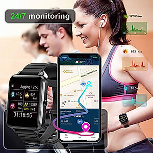 Tinwoo Smart Watch for Women Men, All-Day Activity Tracker Bluetooth Fitness Pedometer,Smart Watches for iOS, Android Phone, with Heart Rate Monitor (TPU Band Black)