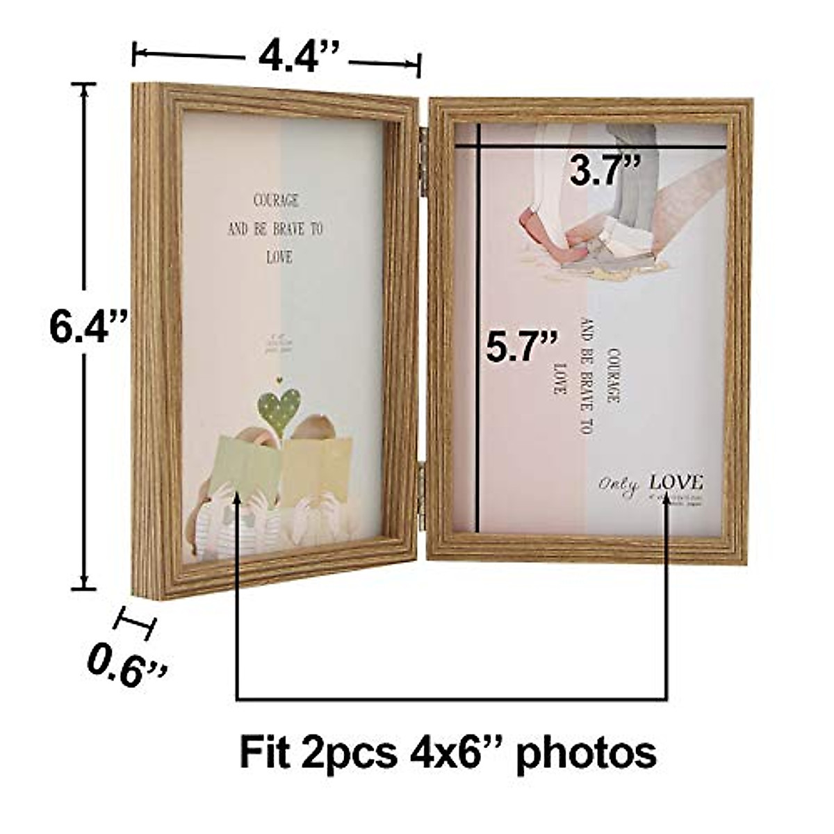 4x6 Picture Frames Double Hinged MDF Wood Grain with Glass Front Stand Vertical on Tabletop