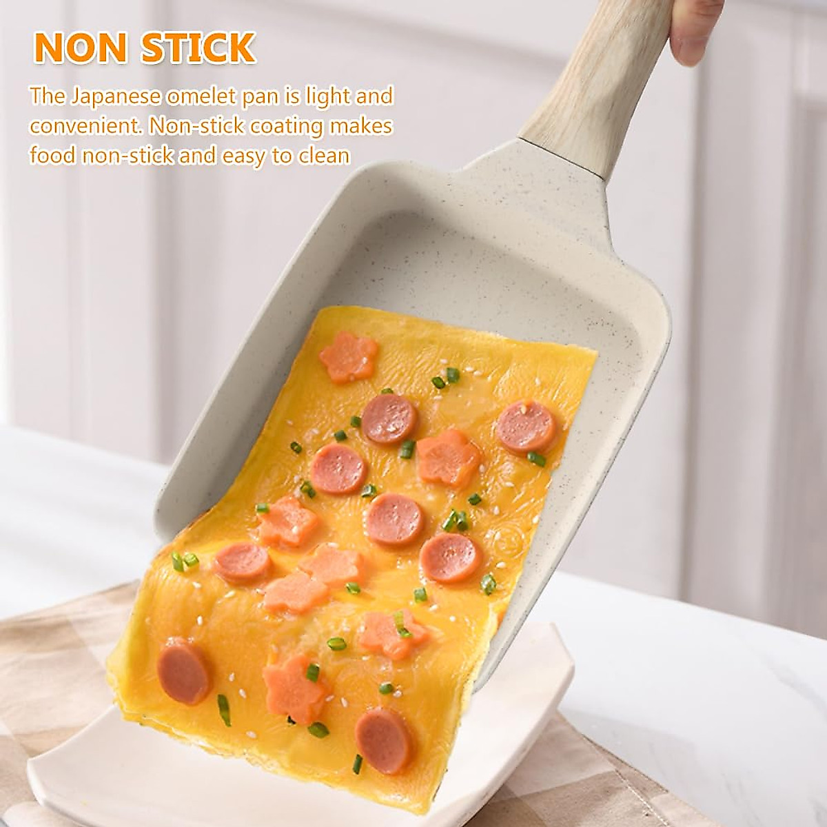 Tamagoyaki Pan,Japanese Omelette Pan With Silicone Brush,Nonstick Tamagoyaki Pan,Rectangle Eg-g Roll Pan With Detachable An-ti Scalding Handle For All Stove,7“x 5.9”(beige，pink)