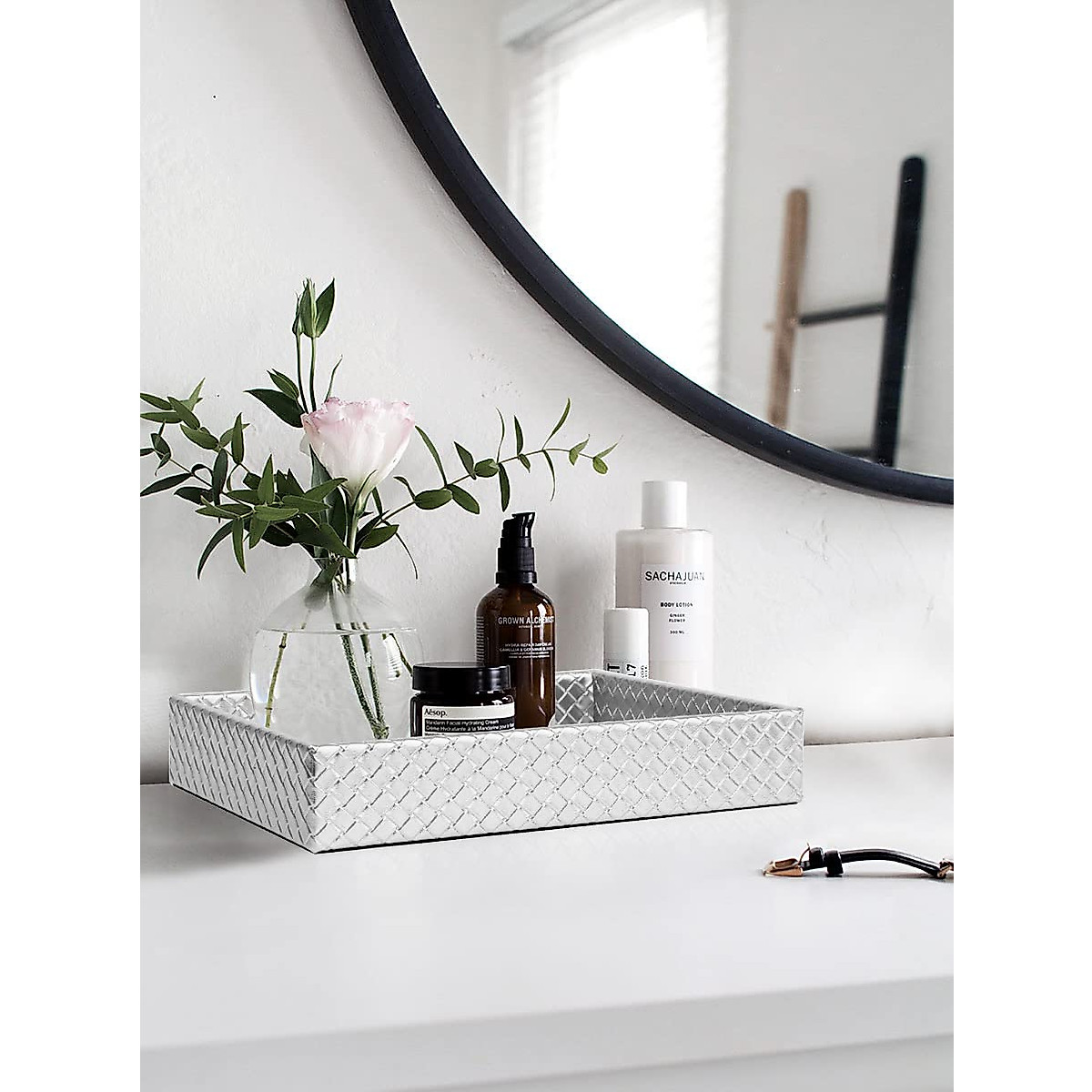 Gurfuy Rectangular Faux Leather Small Serving Tray 10" x 8" Modern Elegant Decorative Tray for Coffee Table Jewelry Perfume Organizer Living Dining Room Coffee Table Bathroom Office (Silver-2 Pcs)