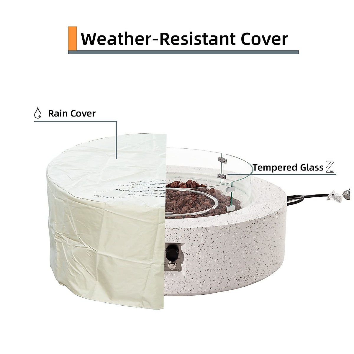 HOMPUS Propane Patio Fire Pit Table with Wind Guard, Lava Rocks and Rain Cover for Outdoor Leisure Party, 50,000 BTU 42-inch Round White Sandstone Concrete Fire Table