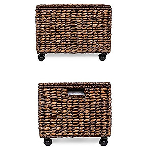 BIRDROCK HOME Rolling File Cabinet with Lid | Small Wooden Under Desk Organizer | Seagrass Basket with Wheels | Portable Home Office Filing System - Mini Decorative Box, Single Drawer, Brown Wash