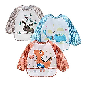 PandaEar (3 Pack Long Sleeve Bibs| Waterproof Full Sleeve Bib for Baby Infant Toddler 6-36 Months