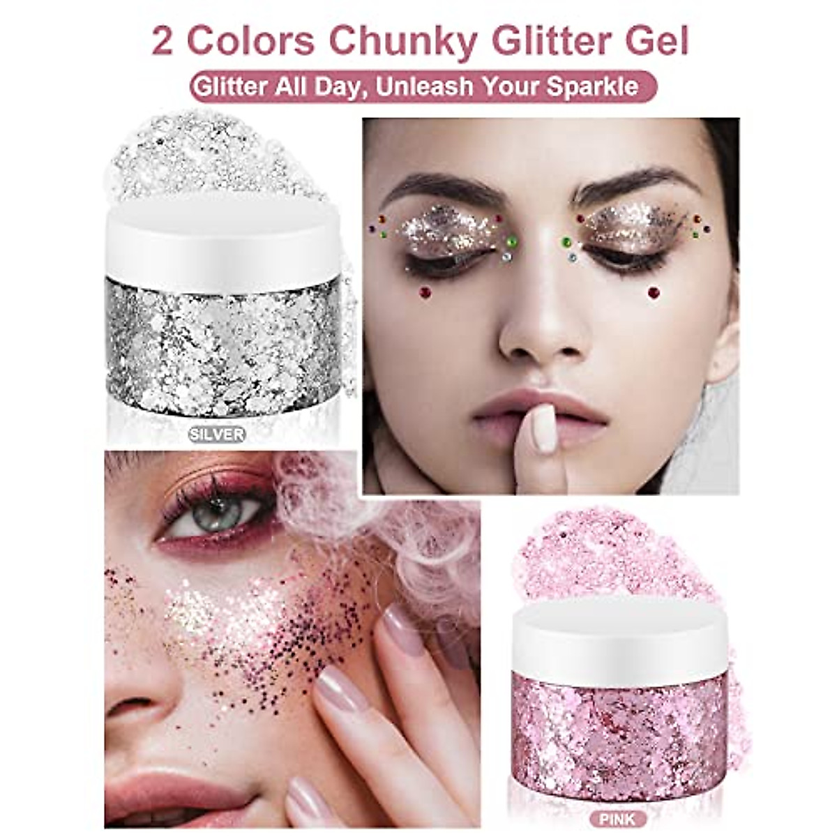 Creamify Face Body Glitter Gel - 3 Colors Pink and Silver Chunky Glitter Gel & Blue Fine Glitter Gel with Gems Sticker, Rave Accessories Hair Glitter Body Shimmer, Less Gel & Quick Dry, 65g