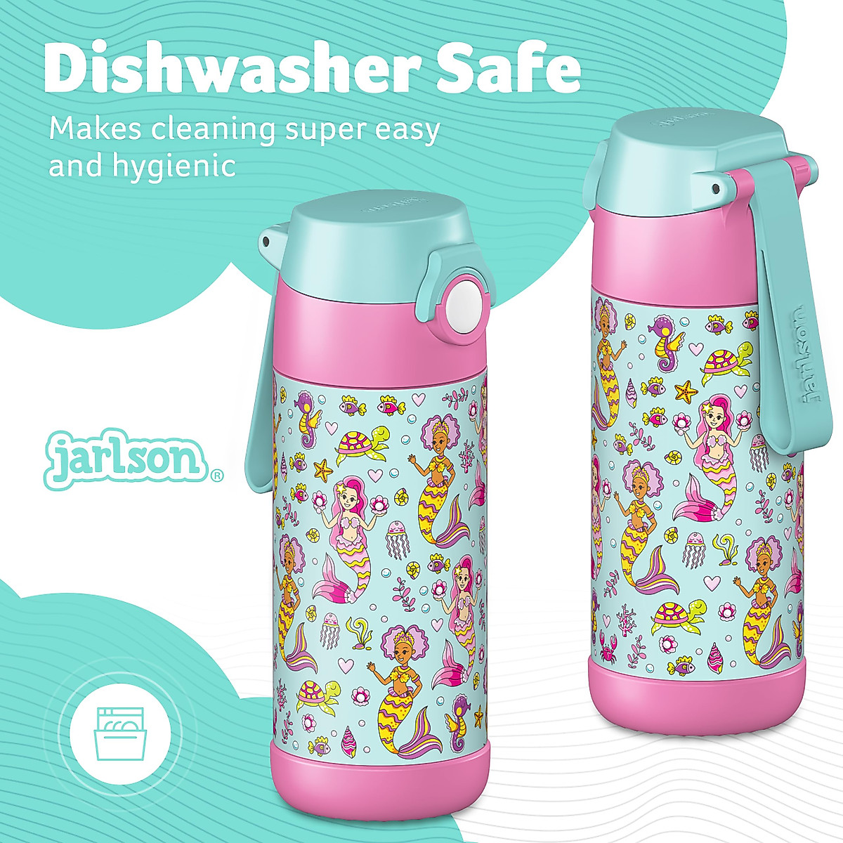 Jarlson® Mali Children's Water Bottle, Thermal Stainless Steel Water Bottle, BPA-Free, Leak-Proof, Children's Bottle with Chug Lid, Bottle for School, Nursery (Mermaid, 350 ml)