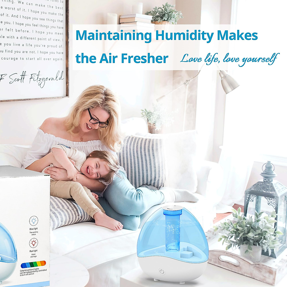 Ultrasonic Cool Mist Humidifier for Bedroom, Quiet Air Humidifier for Baby Home Plant Nursery Desk Office Small Room With 360° Nozzle Rotation 1.5L Water Tank & Auto Shut-Off and Night Light