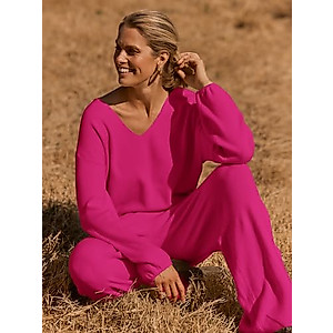 MEROKEETY Women's 2 Piece Outfits Long Sleeve V Neck Knit Pullover Tops and Wide Leg Pant Lounge Set,Rose,M