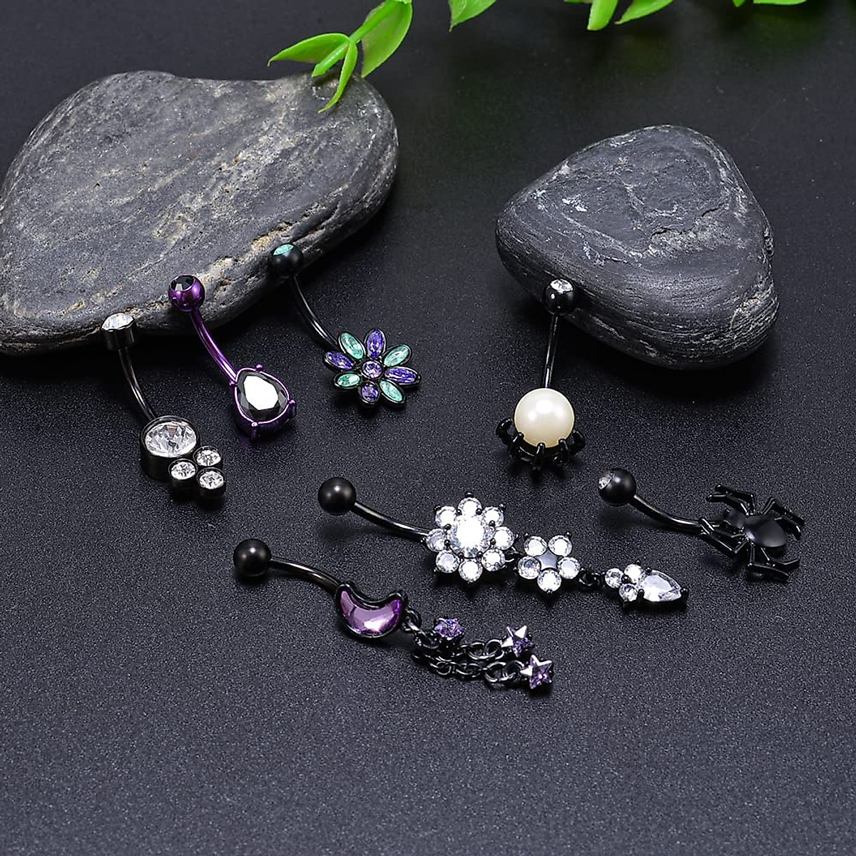 WASOLIE 7PCS 14G Sliver Body Jewlry Pack Stainless Steel Long Belly Rings For Women