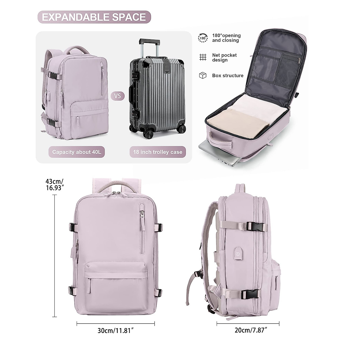 VGCUB Large Travel Backpack Bag for Women Men,Carry on Backpack,17 Inch Laptop Business Work Waterproof Backpack with Laptop Compartment,Person Item Flight Approved,Mochila de Viaje,Pink