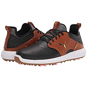Puma Men's Ignite Pwradapt Caged Crafted Golf Shoe, Puma Black-Leather Brown-Puma Team Gold, 9