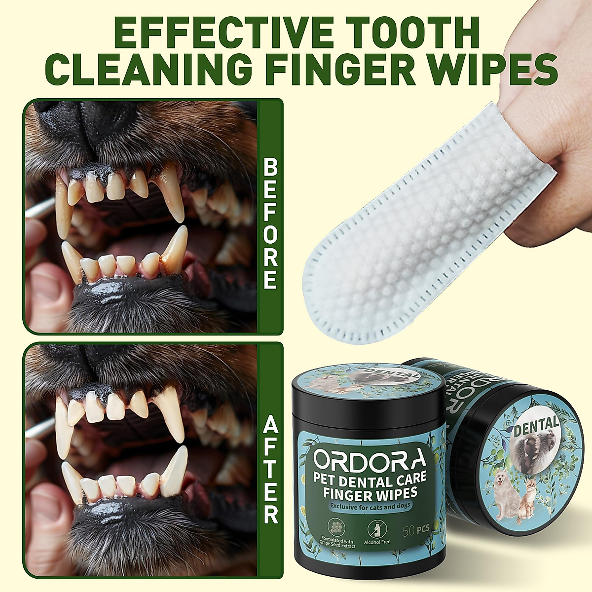 ORDORA PET Teeth Cleaning Wipes for Dogs & Cats, Dog Teeth Cleaning Finger Wipes - Dog Tooth Brushing Kit Dental Wipes - Reduces Plaque & Freshens Breath (50 Pcs)