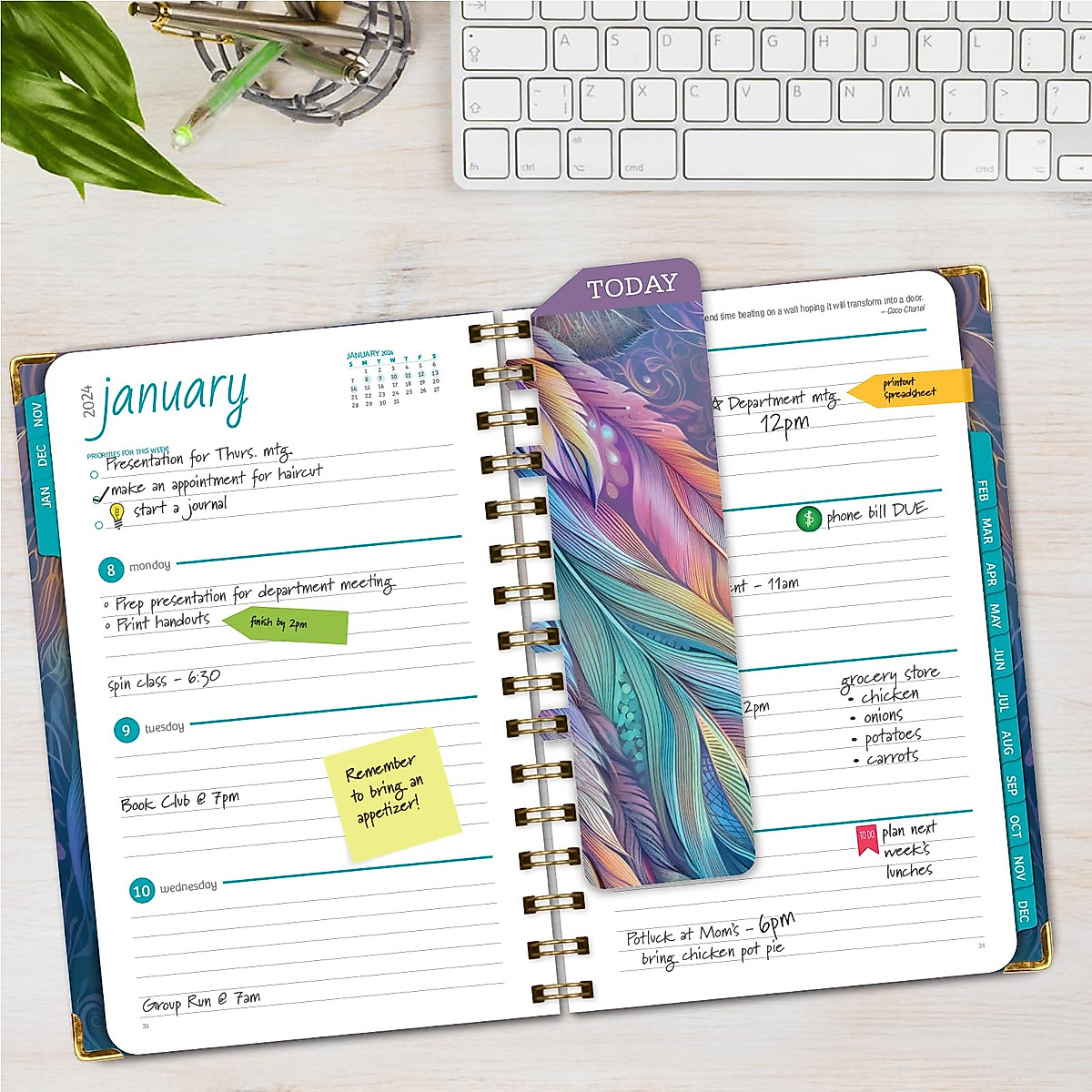 Global Printed Products HARDCOVER 2024 Planner: (November 2023 Through December 2024) 5.5"x8" Daily Weekly Monthly Planner Yearly Agenda Bookmark, Pocket Folder & Sticky Note Set (Pastel Peacock)