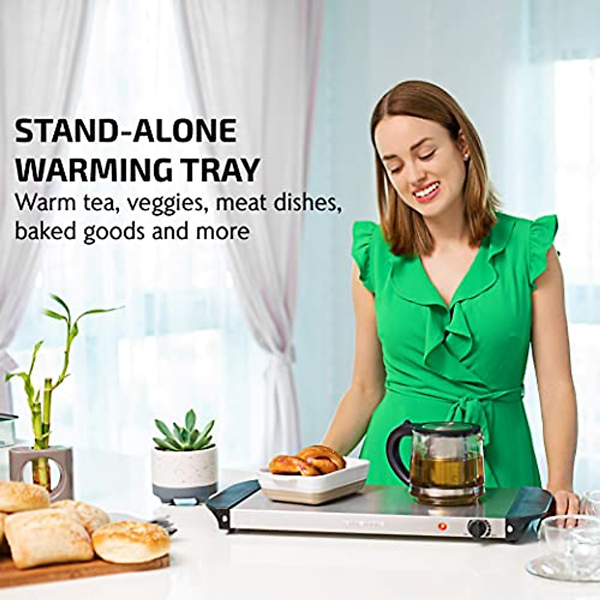 Ovente Electric Warming Tray with Adjustable Temperature Control, Stainless Steel Frame & Cool-Touch Handles, Compact Food Warmer Perfect for Buffets Parties Events Dinners and Holidays, Silver FW170S