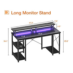 ODK 48 inch Gaming Desk with LED Lights & Power Outlets, Computer Desk with Monitor Stand & Storage Sheves, CPU Stand, Home Office Desk, Black