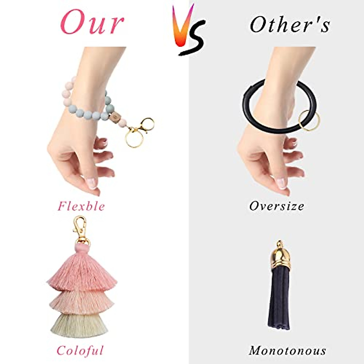 Bisanzoya Beaded Keychain with Tassel, Silicone Key Ring Bracelet, Boho Car Key Chain Wristlet Cute Tassel for Women and Girls (Pink)