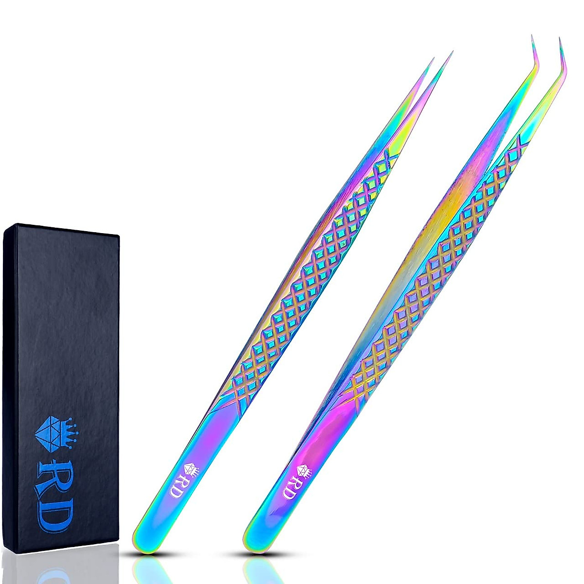 Eyelash Extension Tweezers Lash Extension Precision Tweezers Straight & Curved with Diamond Grip Set of 2 Pieces Rainbow Colour 14cm Multicolor