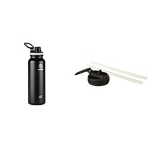 Takeya Originals Vacuum Insulated Stainless Steel Water Bottle, 40 Ounce, Black & Actives Straw Lid for Insulated Water Bottle, Wide Mouth, Onyx