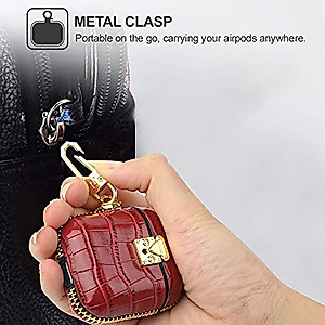 Case Cover for AirPods, YMSMY Genuine Leather AirPods 2 Case AirPods 1 Case with Stainless Steel Gold Buckle, High-end Crocodile Pattern AirPods 1&2 Case (Red)