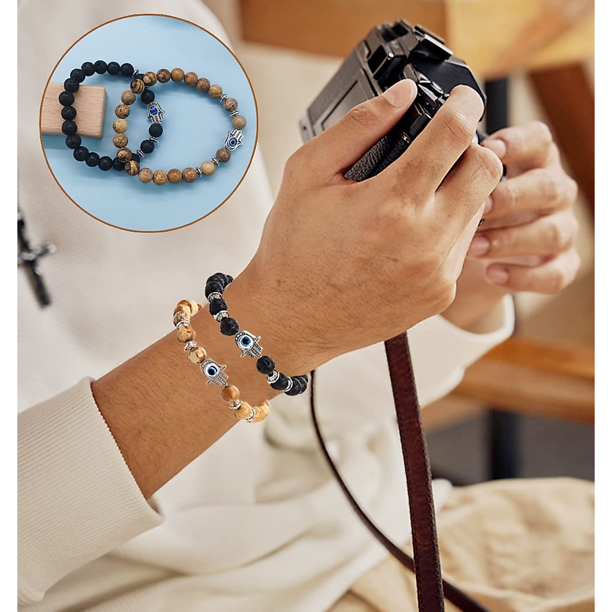 FINZOR 10Pcs Evil Eye Charm Beaded Bracelets for Women Men Semi-Precious Gemstones Bracelets Crystal Bracelet Hamsa Hand of Fatima Turkish Evil Eye Lucky Bracelet for Protection Blessing