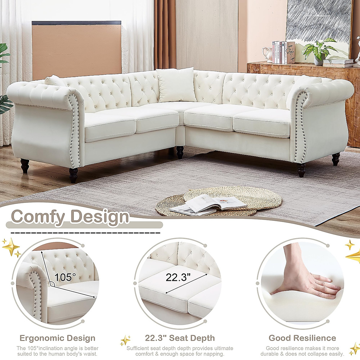 ATUMON 83.5" Oversized L-Shaped Corner Velvet Couch,Heavy Duty Solid Wood Frame and Sturdy Wood Legs,5-Seater Corner Sofas with 3 Pillows for Living Room, Bedroom, Apartment, Office (83.5" Beige)