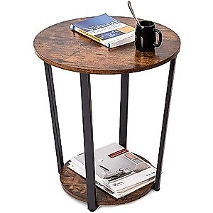 GOOD & GRACIOUS Round End Side Table with Storage Shelf for Living Room Sofa Couch End Tables with Sturdy Metal Frame Bedside Accent Table with Metal Frame for Small Spaces, Bedroom, Brown