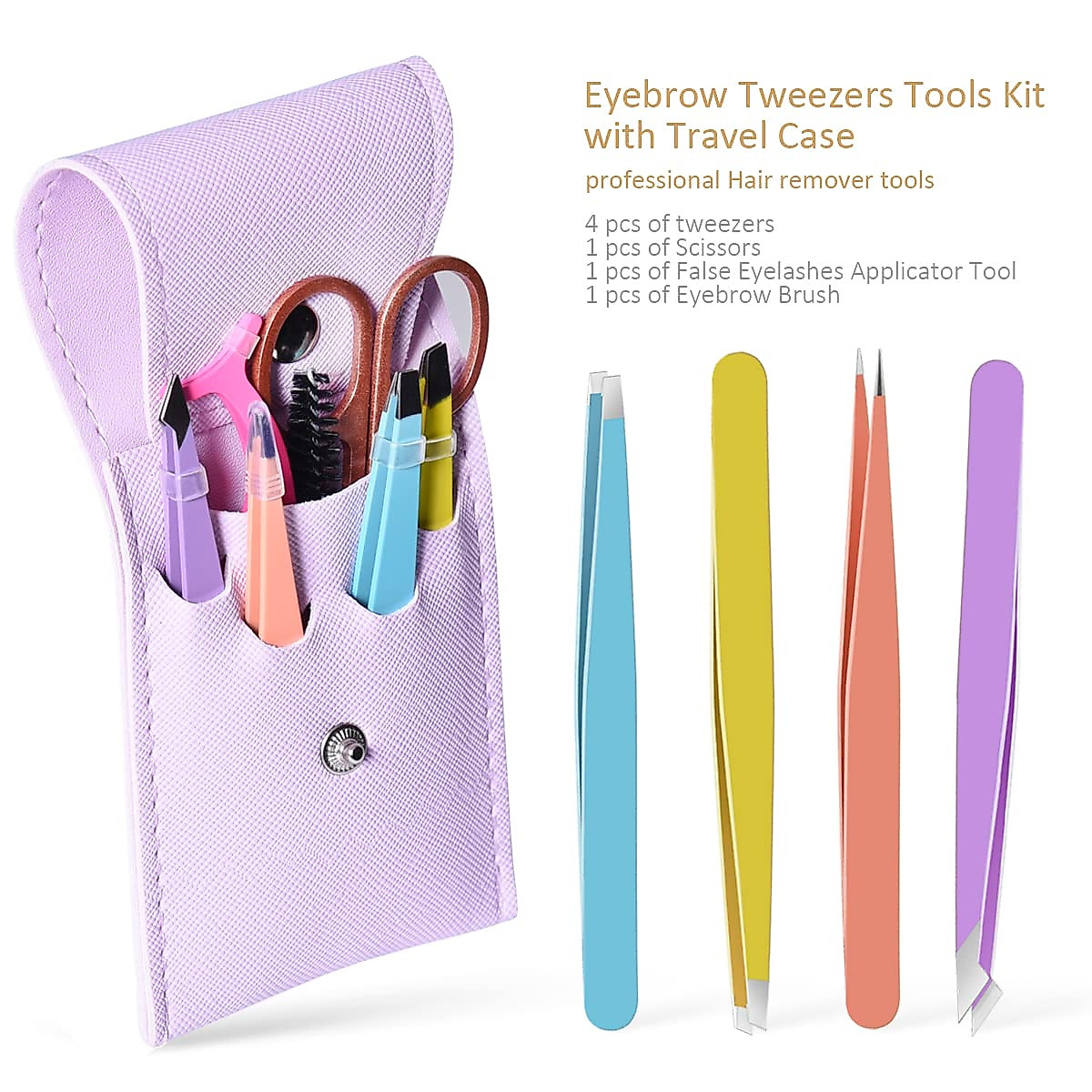 Eyebrow Tweezers Set,Precision Tweezers for Women Eyebrow Grooming Kit with Eyelash Applicator Tool Face Hair Removal Scissors 7pcs in PU Case